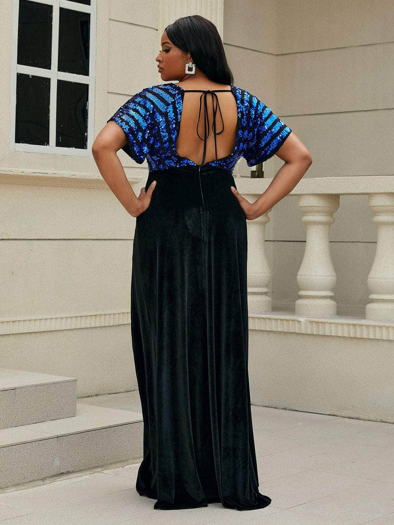 Plus Size Contrast Sequin Tied Split Dress FashionVibes plus-size-contrast-sequin-tied-split-dress-fashionvibes